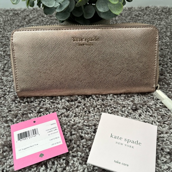 kate spade | Bags | Nwt Kate Soade Rose Gold Metalic Saffia Wallet ...